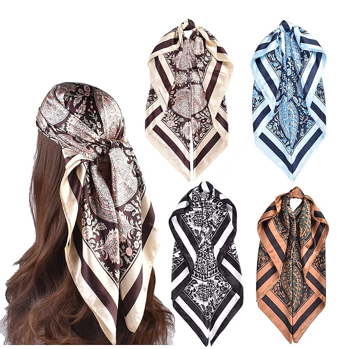 upeilxd 4Pcs Silk Head Scarves for Women Satin Hair Scarf 35”Large Square Bandana Silk Like Neck Scarf Shawl (Blue/Coffee/Beige/Black)