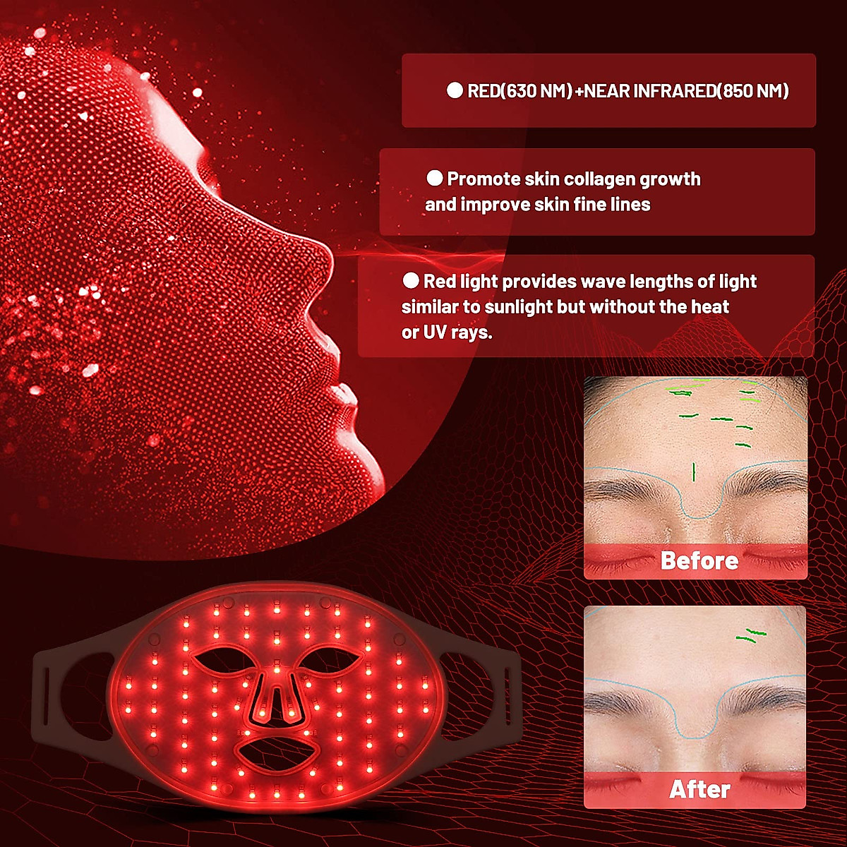 Meifuly Light Therapy Face Mask, Red Blue Yellow L ED Face Mask, Reduce Fine Lines and Wrinkles, Advanced Bendable and Portable Design