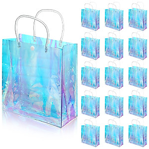 Sherr 16 Pcs Holographic Small Gift Bag Reusable Iridescent Clear Bags for Women PVC Plastic Goodie Bags with Handles for Shopping Christmas Holiday Gift Party Favor(Rainbow, 7.87" x 7.87" x 3.15")
