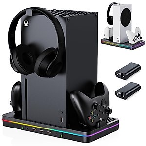 Vertical Charging Stand for Xbox Series X/S with Cooling Fan, Fast Charging Station with 2 X 1100 mAh Rechargeable Battery, Dual Controller Charger Station Accessories with 3 USB Ports&2 Headset Stand