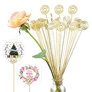 Zonon 30 Pcs Metal Wire Floral Picks Love Floral Place Card Holder Gold Table Number Picture Holder Clips Menu Note Memo Holder for Wedding Birthday Party, 13 Inch(Coil Style)