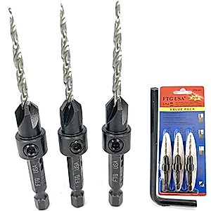 FTG USA Countersink Drill Bit Set 3 Pc #6 (9/64") Wood Countersink Drill Bit Pack Same Size Set Countersink HSS M2 Tapered Countersink Bit, with 1 Hex Wrench, Woodworking Countersink Drill Bits