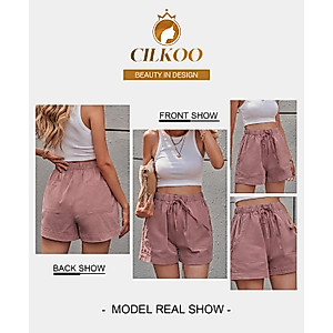 CILKOO Womens Casual Solid Drawstring Solid Elastic Waist Comfy Cotton Linen Shorts Beach Linen Shorts Pants Pockets Pink US8-10 Medium