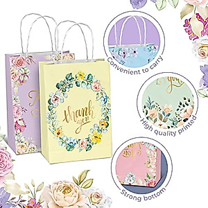 Floral Thank you Gift Bags – 20 Pack (5 Colors) | Party Favor Bags Pastel Goodie Bags for Birthday, Valentines, Baby Shower – Colored Paper Bags with Handles