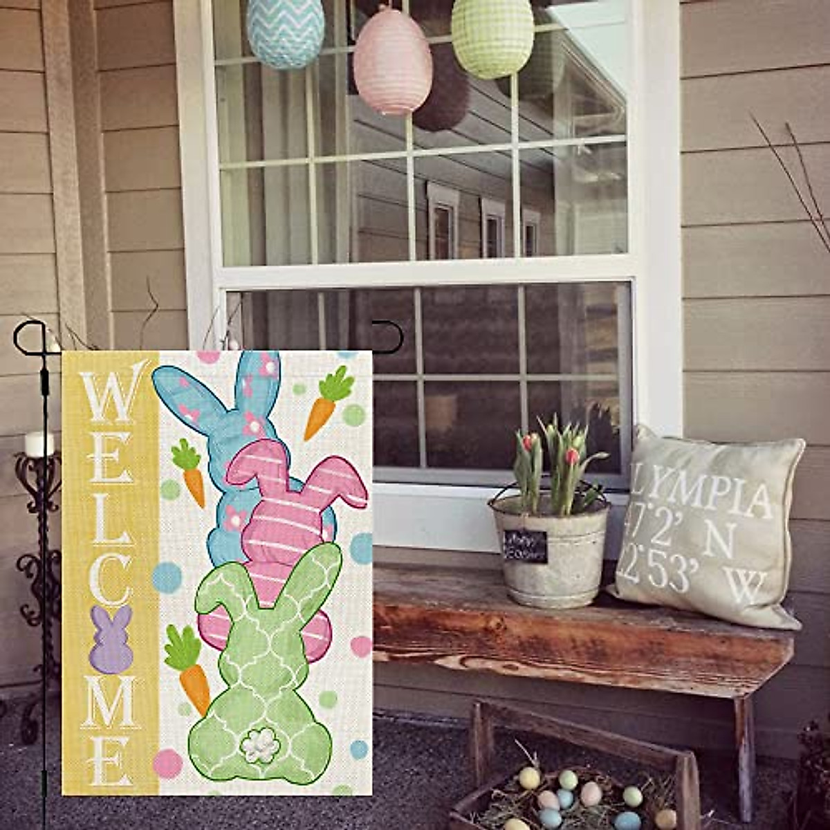 CROWNED BEAUTY Easter Bunnies Tail Garden Flag 12x18 Inch Double Sided for Outside Burlap Small Carrots Welcome Yard Holiday Decoration CF716-12