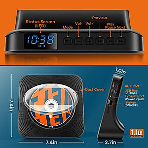 Kogoda Desktop CD Player Portable with Bluetooth,Dual Stereo Speakers, CD Music Player for Home with Remote Control,Dust Cover,FM Radio,LED Screen,3.5mm Jack AUX Input Output,Black,Gift