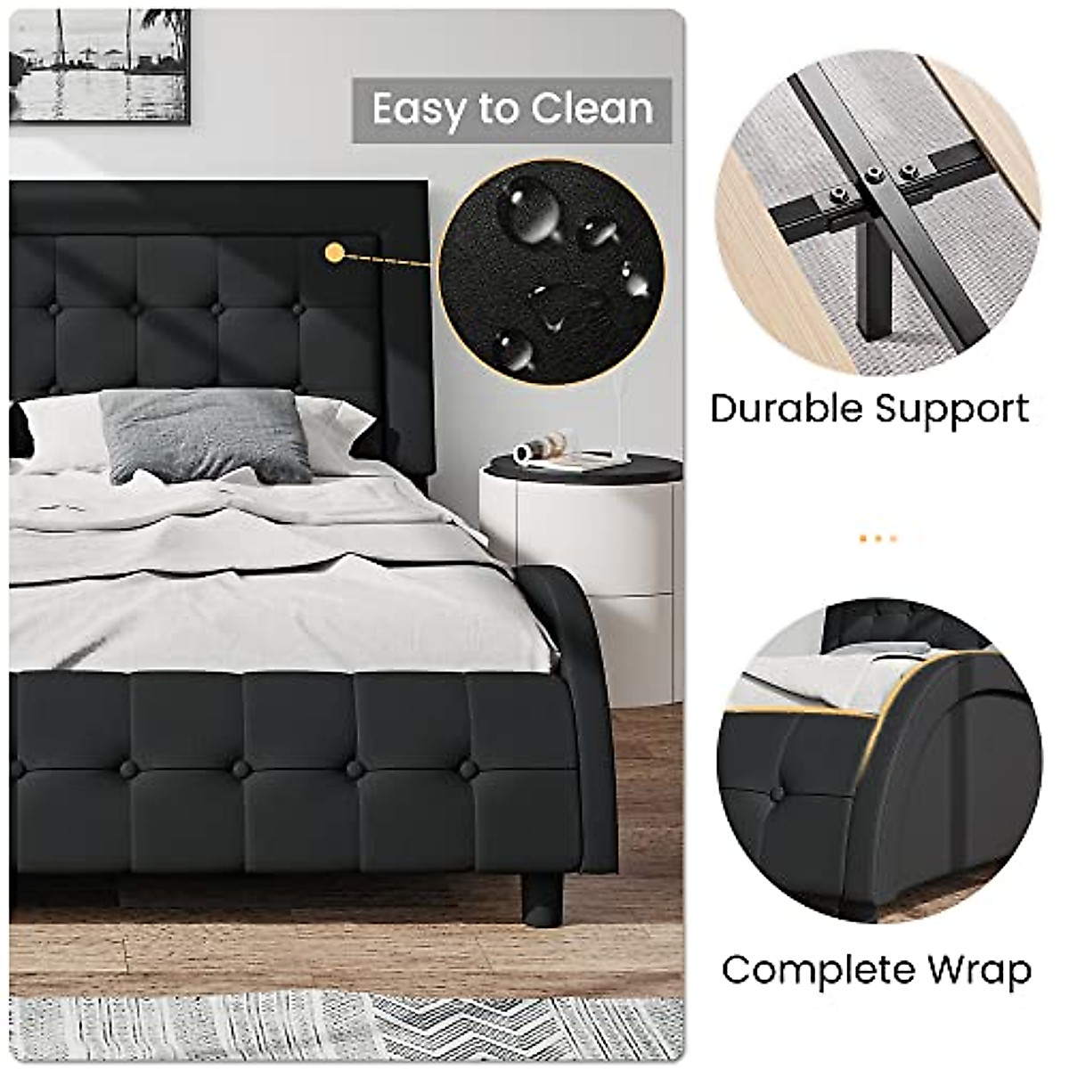 SHA CERLIN Queen Size Box-Tufted Platform Bed Frame/Faux Leather Upholstered Bed Frame with Adjustable Headboard/Wood Slat Support/Wave-Like Modern Bed/Low Profile/Black