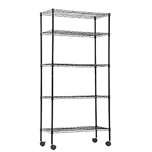 24/7 Shop at Home Rex Industrial 5 Tier Wire Shelving Rack with Wheels, Adjustable Shelves and NSF Certified, Metal Storage Shelves for Kitchen, Office, Garage, Basement, Laundry Room, Black