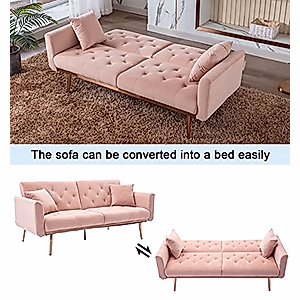 SLEERWAY Velvet Futon Sofa Bed with 5 Golden Metal Legs, Sleeper Sofa Couch with Two Pillows, Convertible Loveseat for Living Room and Bedroom, Pink