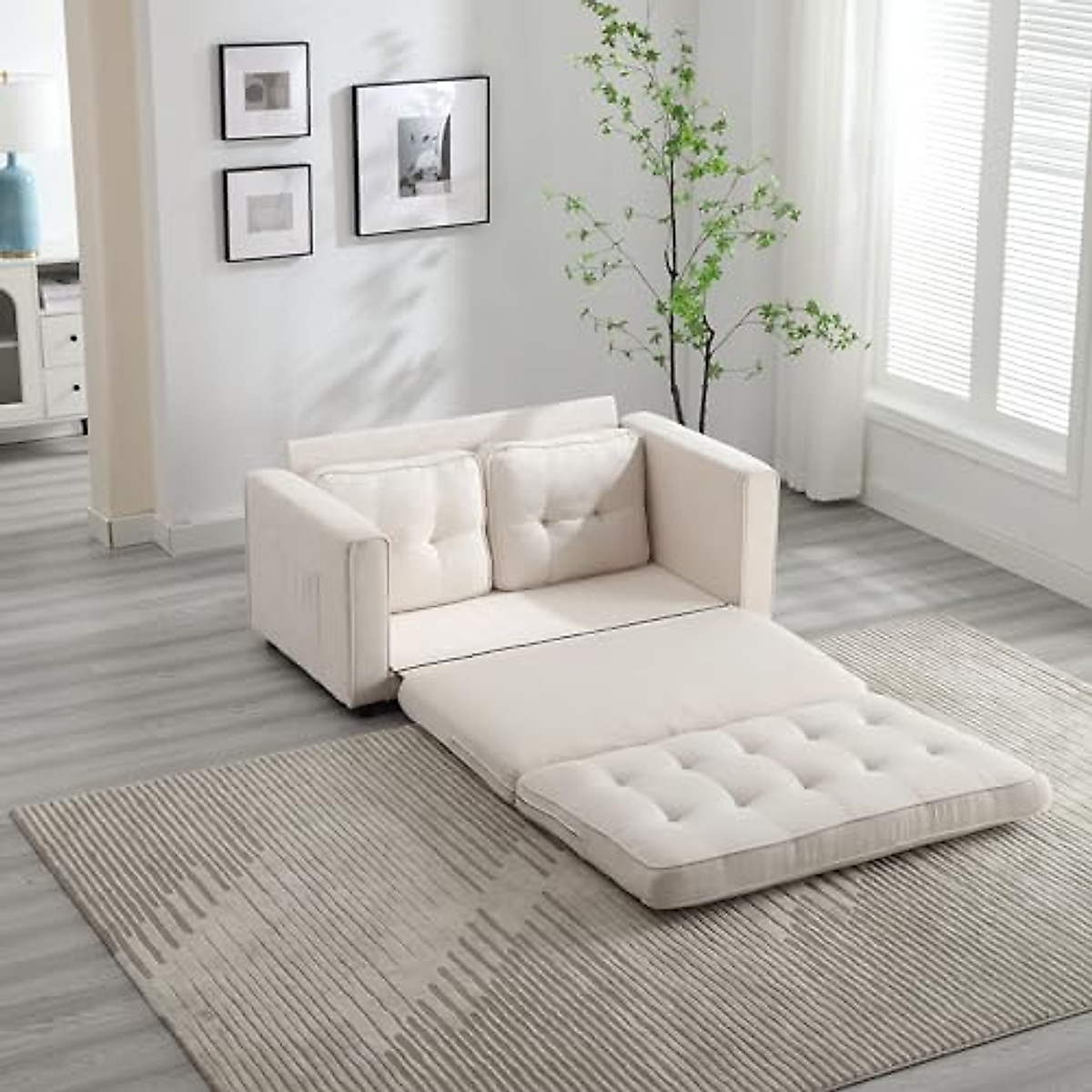 LAVHOME Sofa,Convertible Futon Sleeper sofabed,Space Saving loveseat,Pull Out Couch Bed for Living Room,Velvet Linen Fabric, Beige