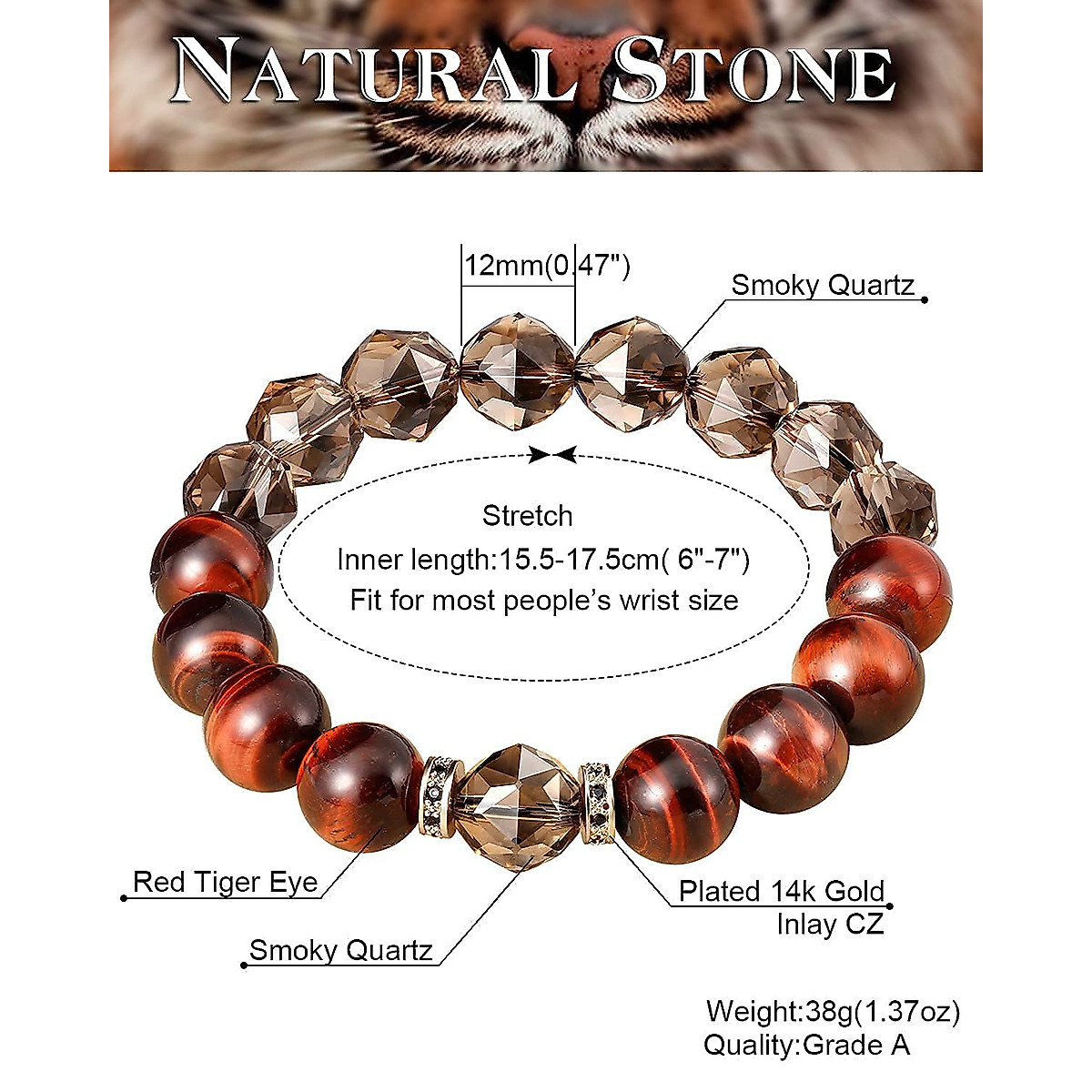 Jewever Natural Smoky Quartz Crystals with Red Tiger Eye Bracelets for Men Women Amulet Energy Healing Bring Wealth Prosperity Lucky Beads Jewelry Gifts Unisex