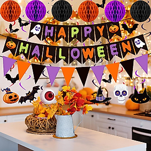 Happy Halloween Banner 26pcs Halloween Party Decorations Paper Triangle Flag Bunting Honeycomb Ball Hanging Swirl Streamers Bats Stickers Wall Decor DIY Indoor Outdoor Home Decor