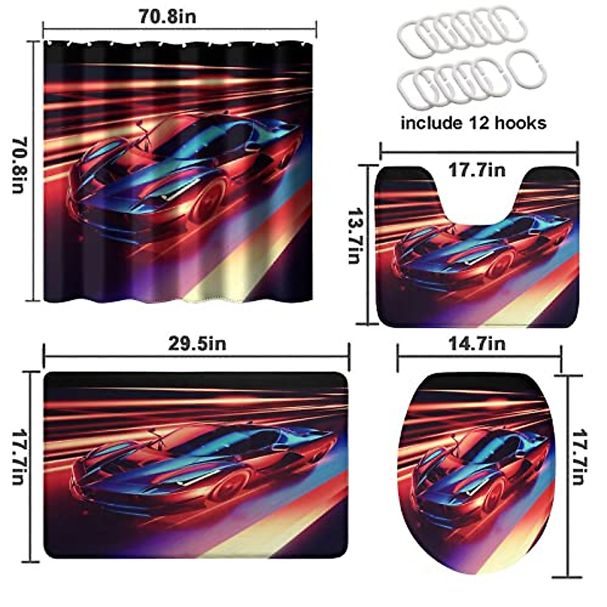 4 Piece Shower Curtain Sets Racing Extreme Sports Speed Games Automobile with Non-Slip Rugs Toilet Lid Cover and Bath Mat Bathroom Decor Set 72" x 72"