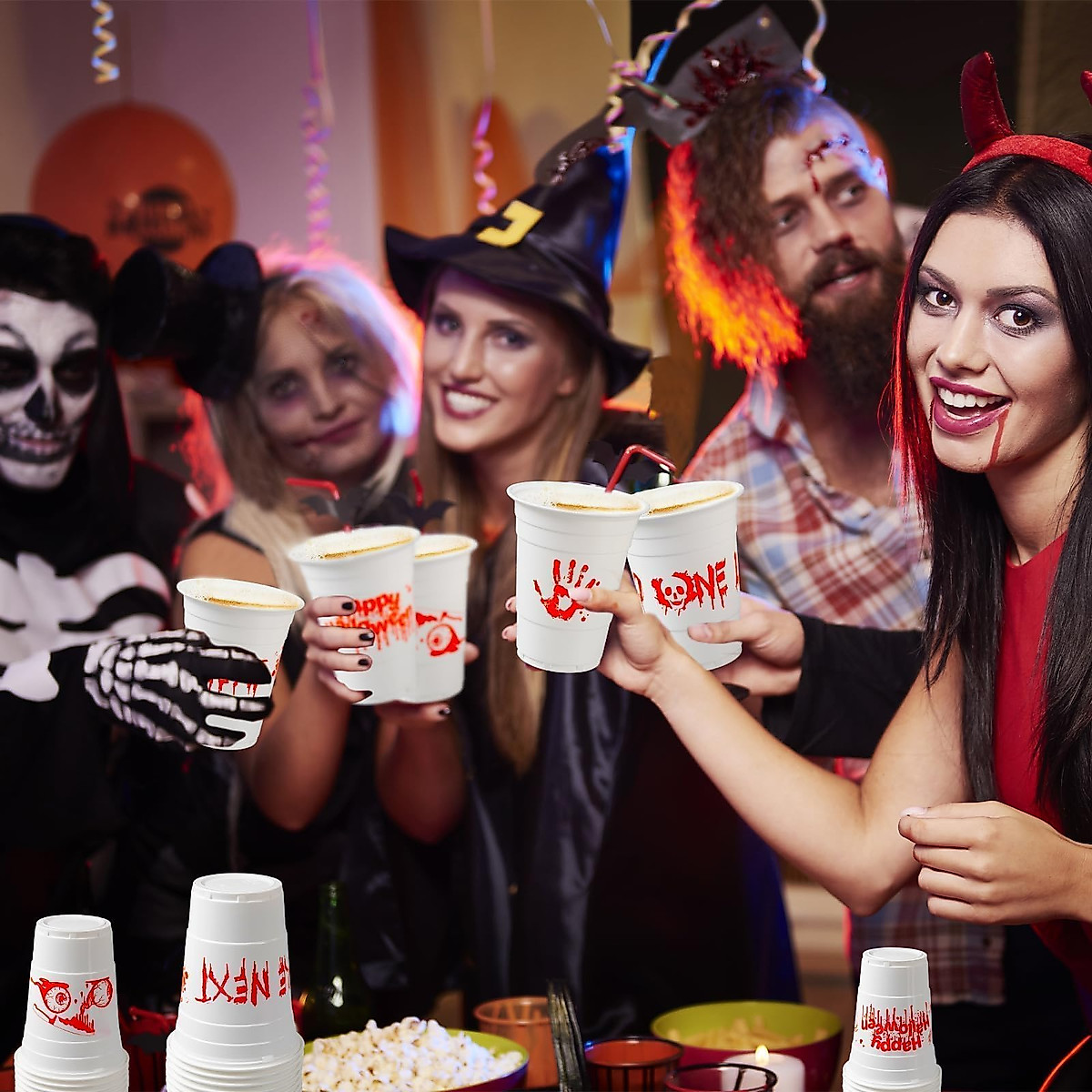 50Pcs Halloween Solo Cups for Party Decorations, 16 Oz Halloween Plastic Disposable Cups with Scary Bloody Hands Print for Kids Adults Halloween Party Supplies Favors