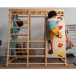 Avenlur Magnolia Indoor Playground 6-in-1 Jungle Gym Montessori Waldorf Style Wooden Climber Playset Slide, Rock Climbing Wall, Rope Wall Climber, Monkey Bars, Swing for Toddlers, Children Kids 2-6yrs