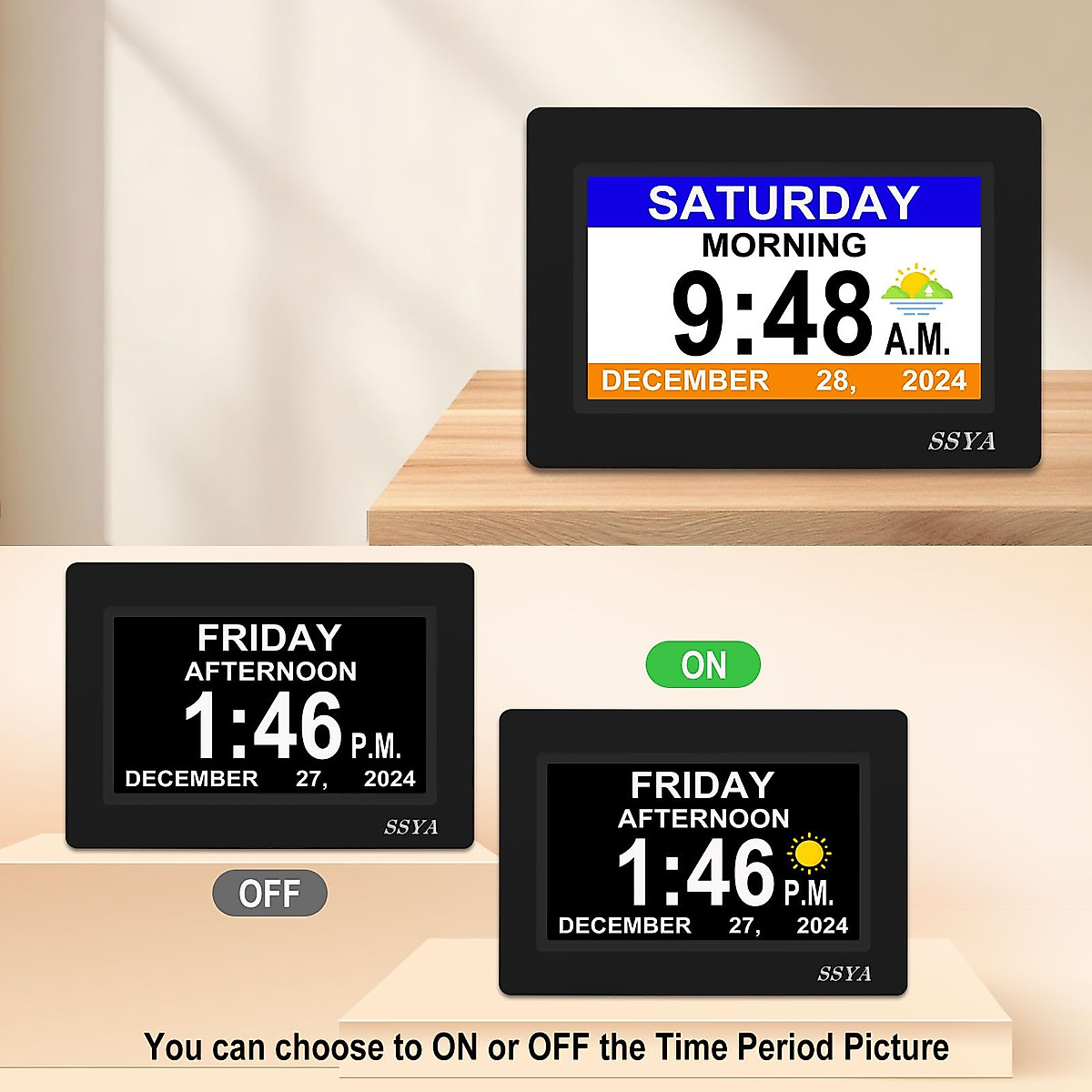 [Newest Version] 7 Inch Day Clock - 12 Alarm Options, Level 5 Auto Dimmable Display,Extra Large Impaired Vision Digital Clock with Non-Abbreviated Day & Month Alarm Clock (7 inch)