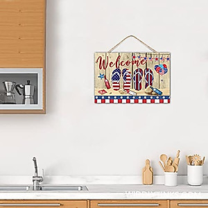 CustonCares Independence Day Flip Flops Welcome Wooden Sign Table Decor Modern Red White Blue Balloons Star Signs Decorative Wood Sign Plaque for Shelf Room Porch 12x8in