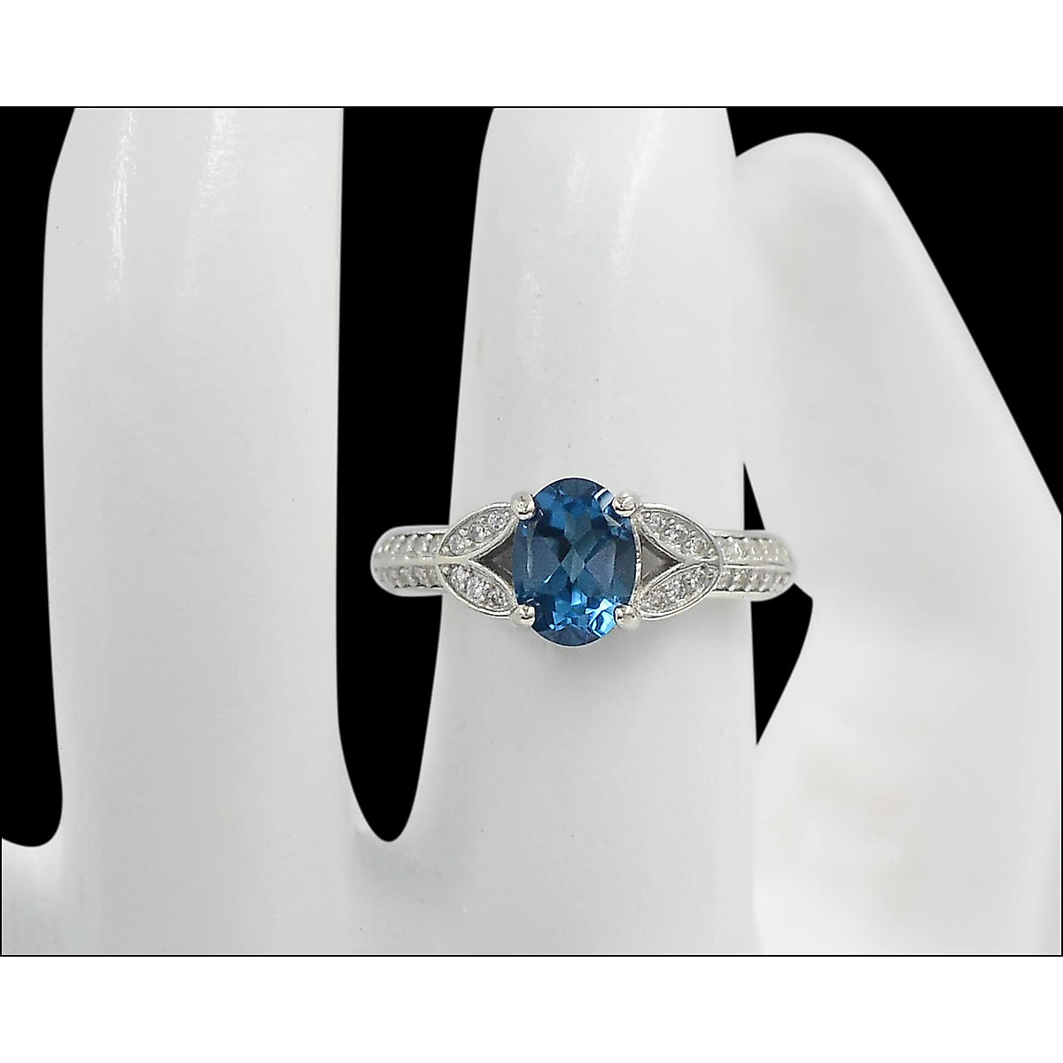 925 Solid Silver Natural London Blue Topaz 8X6 MM Oval Cut December Birthstone Statement Unisex Proposal Ring For Love and Friendship Gift (Rhodium Plated Silver, 6)