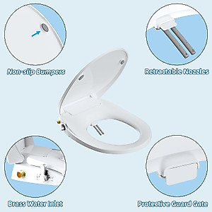 Hibbent Round Bidet Toilet Seat with Slow Close, Non-Electric Bidet Attachment for Toilet Seat with Dual Nozzle, Bidet Sprayer with Adjustable Self-Cleaning Nozzles, Brass T Adapter