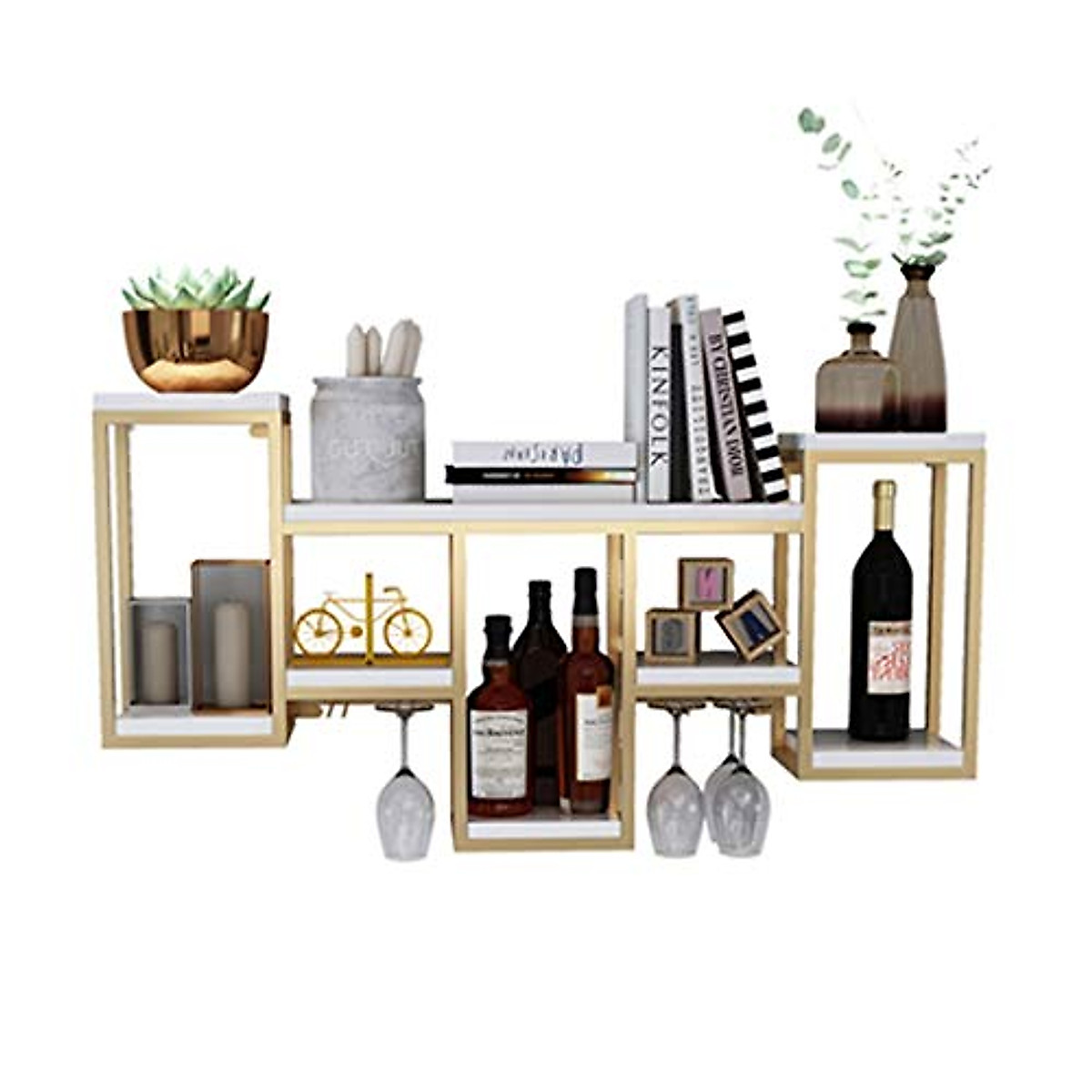 Wall Hanging Wine Rack Metal Bottle Holder Storage Wall Mounted |Wine Glass Goblet Stemware Holder| Nordic Gold and White Wood Wall Shelves for Bar Kitchen or Hone Wall Decor