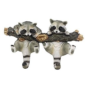 Ebros Whimsical Forest Rustic 2 Playful Raccoons Dangling On Tree Branch 6 Pegs Wall Hooks 9.25" Wide Hanger Raccoon Rodent Themed Wall Mount Coat Hat Keys Hook Decor Hanging Sculpture Plaque