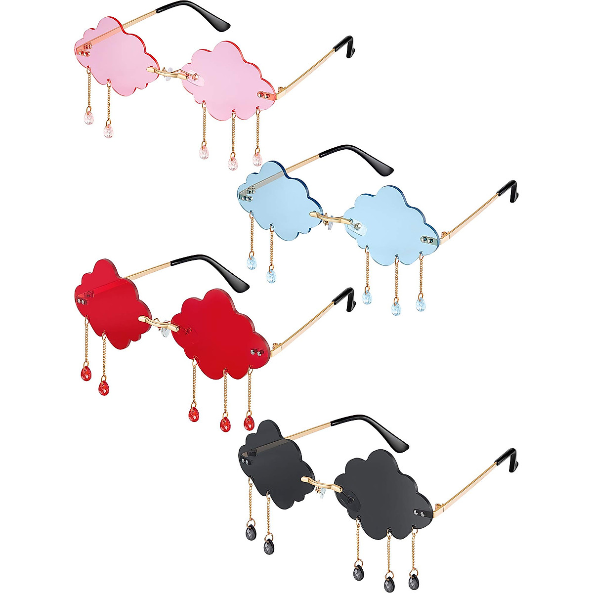 Weewooday 4 Pairs Cloud Sunglasses Raindrop Colorful Rimless Cute Sunglasses Funny Heart Flame Shaped Disco Glasses for Women Men