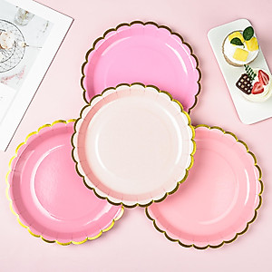 AimFun Pink Scalloped Party Plates Gold Foil Border Paper Plates Disposable 9inch Gradient Pink Plates for Pink Bow Birthday Coquette Bridal Baby Shower Party Supplies (24, Pink)