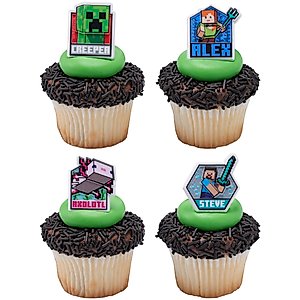 DecoPac Minecraft Lush Finds Rings, Cupcake Decorations Featuring Creeper, Alex, Steve and Axolotl! Multicolored 3D Food Safe Cake Toppers – 24 Pack