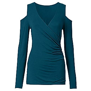 Merryfun Women's Long Sleeve Sexy Blouse Deep V Neck Casual Bodycon Tee Shirts Tops,Blue XL