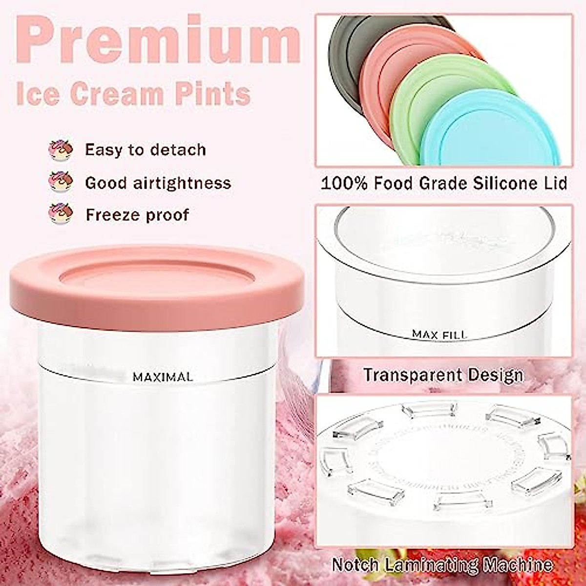 Ice Cream Pint Containers, for Ninja Kitchen Creami, Ice Cream Containers Safe and Leak Proof for NC301 NC300 NC299AM Series Ice Cream Maker