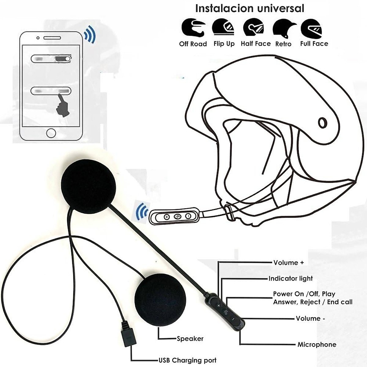 SUNITEC Motorcycle Bluetooth Headset Outdoor Helmet Earphone Bluetooth Helmet Speakers HiFi Stereo Sound Motorcycle Speakers Hands Free Music Call Control Universal Helmet Communtion System - BH03