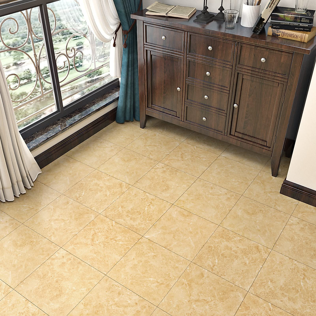 WESTICK Peel & Stick Floor Tiles Thicker Vinyl Tile Flooring Yellow Marble Waterproof Tile Sticker Adhesive Removable Backsplash Tile Unique Flooring Cover for Kitchen, Topaz Texture 5 Pack 12 x 12 IN