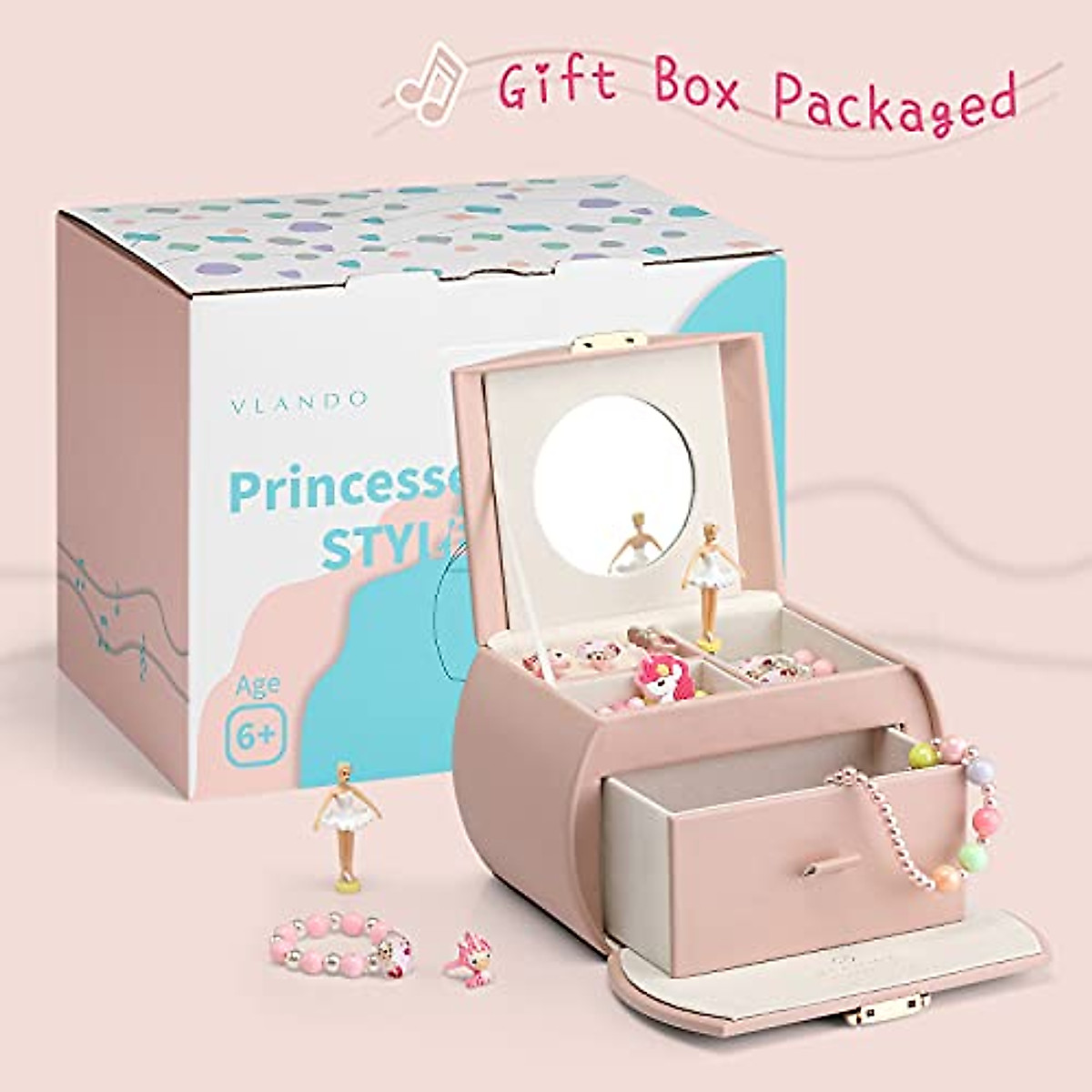 Vlando Kids Musical Jewelry Box for Girls with Drawer, Music Box with Ballerina and Stickers for Birthday Bedroom Decor, Pink