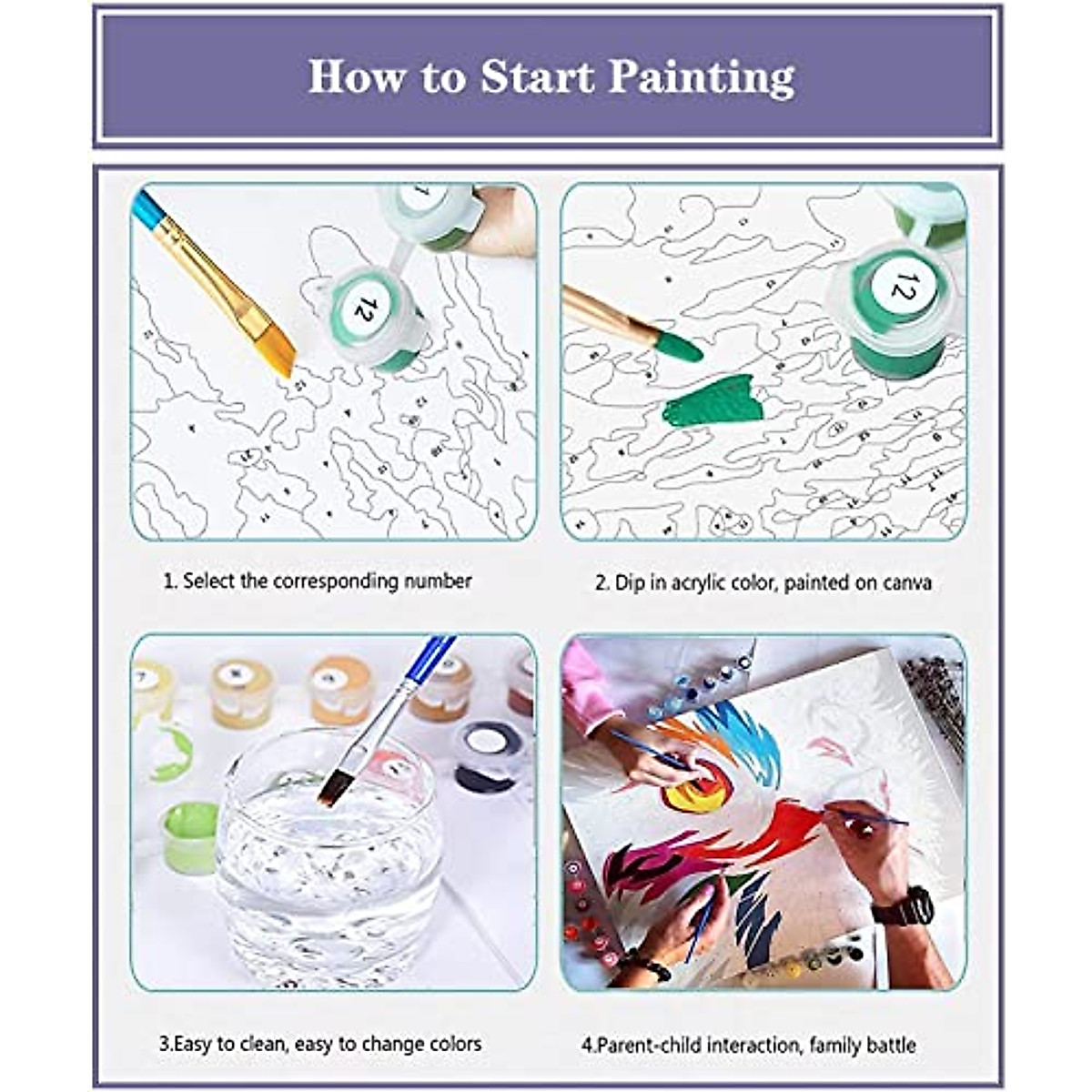 VIGEGU Paint by Number for Adults,Painting by Numbers Kits On Canvas,Without Frame DIY 4 Pack Cow Elephant Sea Turtle Moth Oil Painting Acrylic Paints Home Decor 12x16 inch