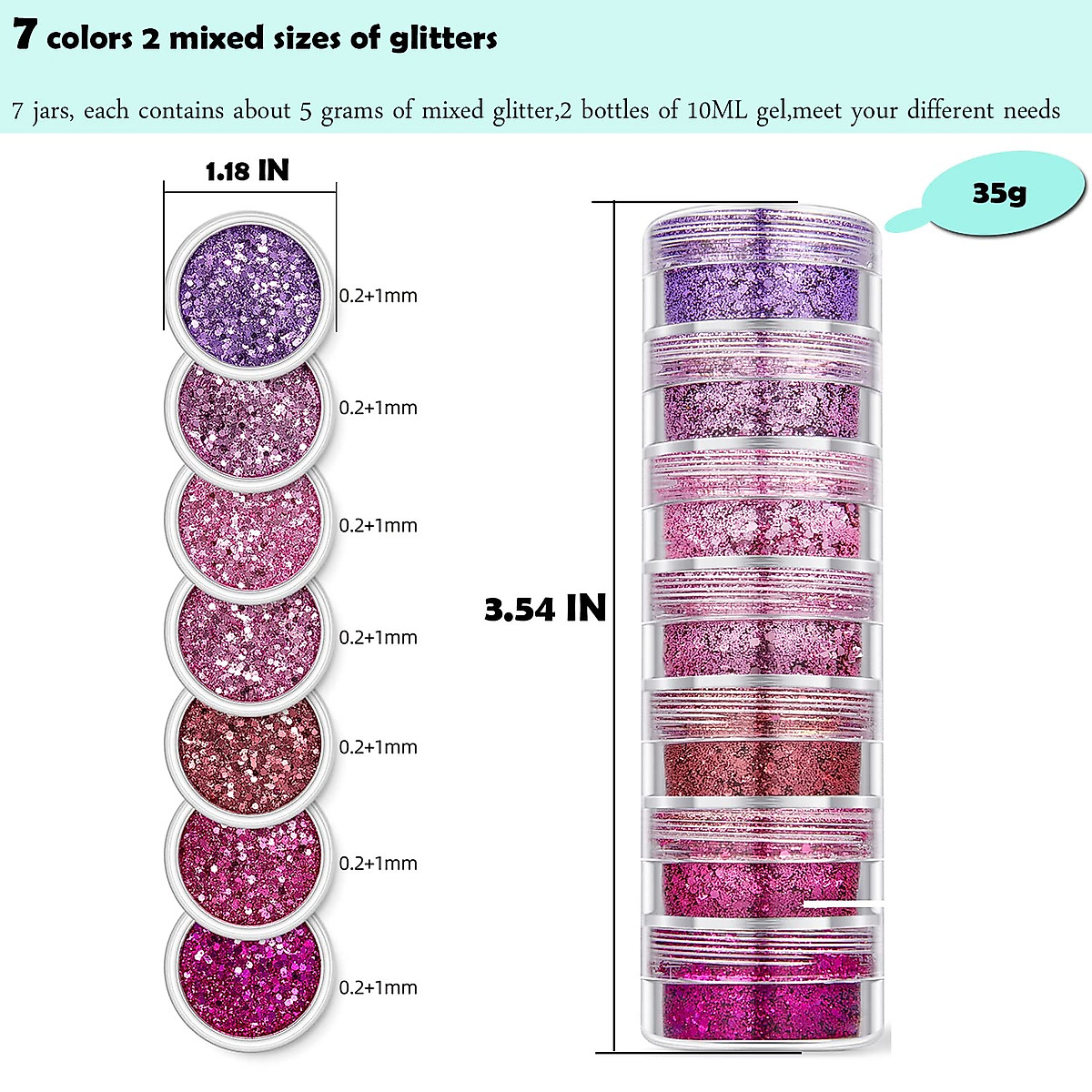 Body Glitter+Gel Kit,JASSINS Holographic Face Glitter,7 Style Fine Glitter for Art Nail,Hair, Eye,Eyeshadow Makeup.(Color-1)