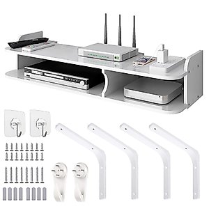 Catekro Floating Wall Shelf for Modem Equipment, with 4 pcs White Shelf Bracket, Wall Mount Entertainment Shelf, Modem Shelf, for Use in Living Rooms, Bedrooms, Offices