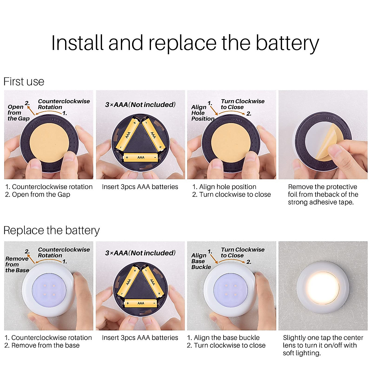 Tap Light Push Lights STAR-SPANGLED Mini Night Touch Light LED Puck Lights Portable Under Cabinet Lighting Battery Operated Powered DIY Stick On Lights Wireless Closet Counter Kitchen Warm White 5Pack