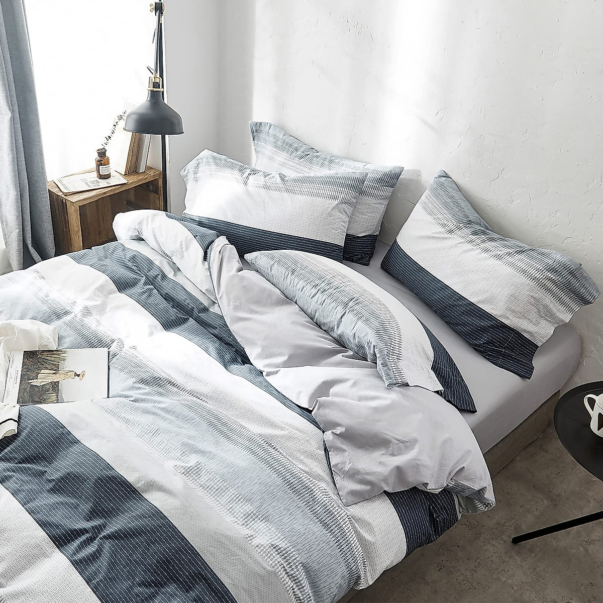 OREISE Duvet Cover Set Full/Queen Size 100% Cotton Bedding Set Gray Blue White Printed Striped Style,3Piece (1 Duvet Cover + 2 Pillowcase),Comfortable Luxurious Soft