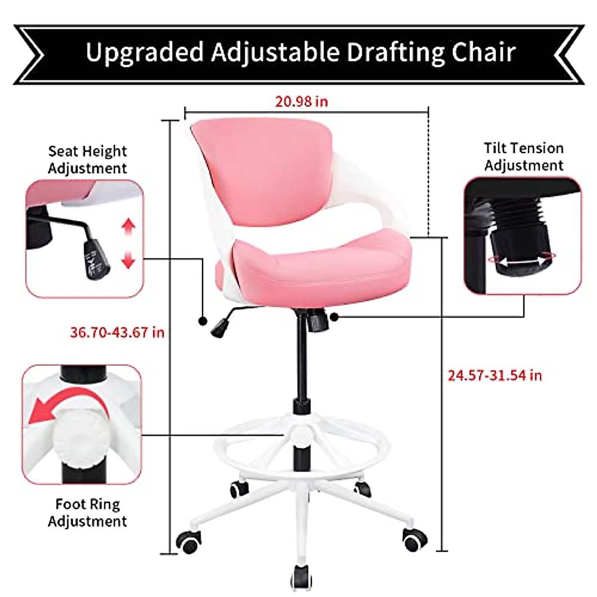 BOJUZIJA Drafting Tall Office Standing Computer Desk Chair with Foot Rest- Lumbar Support& Waist Support Function for Office &Home (Pink)