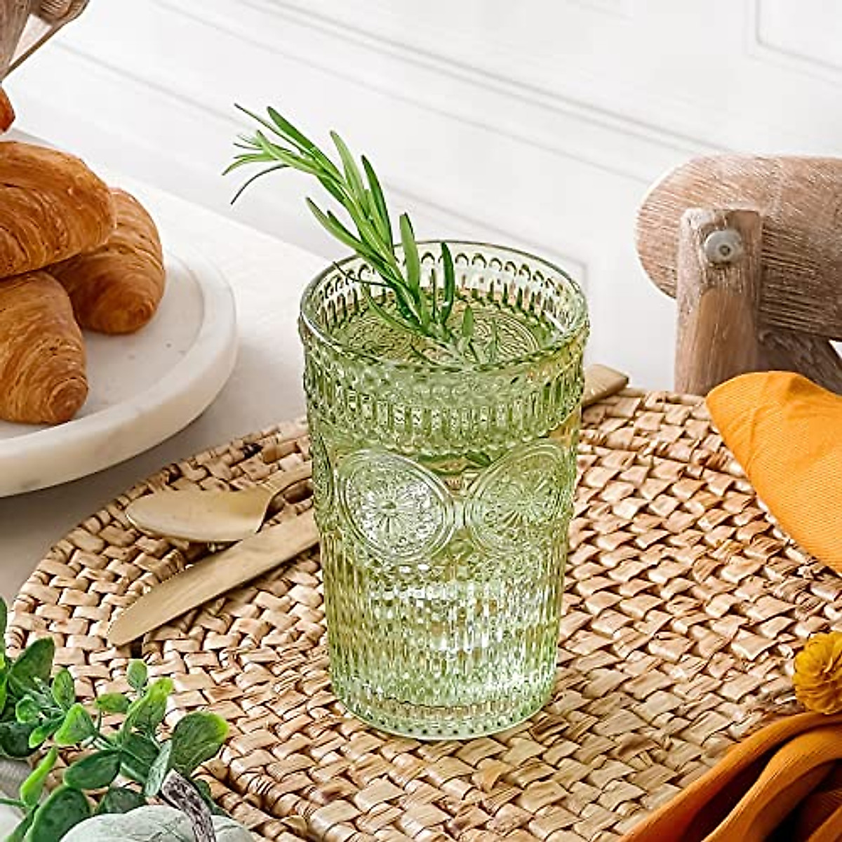 Vintage Textured Sage Green Striped Drinking Glasses Set of 6-13 oz Ribbed Glassware with Flower Design| Cocktail Set, Juice Glass, Water Tumbler