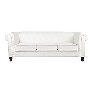 Naomi Home Emery Chesterfield Sofa with Rolled Arms, Tufted Cushions / 3 Seater Sectional Sofa Couch for Small Spaces, Living Room, Bedroom, Apartment Easy Tool-Free Assembly – White