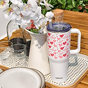 winiwo 40 oz Valentines Tumbler with Handle and Straw, Heart tumbler Gifts for Mom/Women/Wife/Her/Love, Insulated White Tumbler, Fits Cupholders, Available Gift Wrapping