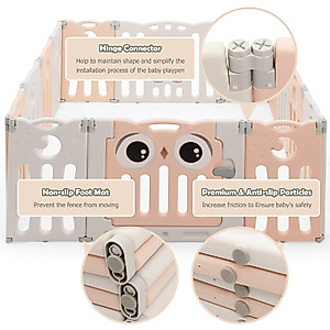 Costzon Foldable Baby Playpen Baby Fence with Lock Door, Rubber Pads & Anti-Slip Rubber Bases, Indoor Outdoor Safety with Adjustable Shape for Toddlers (14-Panel, Pink)