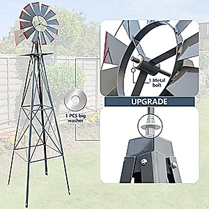 HAHASOLE 8ft Garden Windmill, Heavy Duty Durable Metal Weather Vane for Backyard, Ornamental Windmill for Yard Weather Resistant (Gray, 8FT)