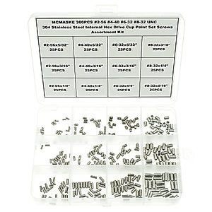 MCMASKE 300PCS #2-56#4-40#6-32#8-32 UNC 304 Stainless Steel Internal Hex Drive Cup Point Set Screws Assortment Kit