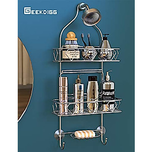 GeekDigg Lid Organizer for Plastic Lids for Cabinet, with 6 Adjustable Dividers & Bathroom Hanging Shower Head Caddy Organizer, Three Tier, Rust Proof Premium Hanger Design With Suction Cups, Hooks