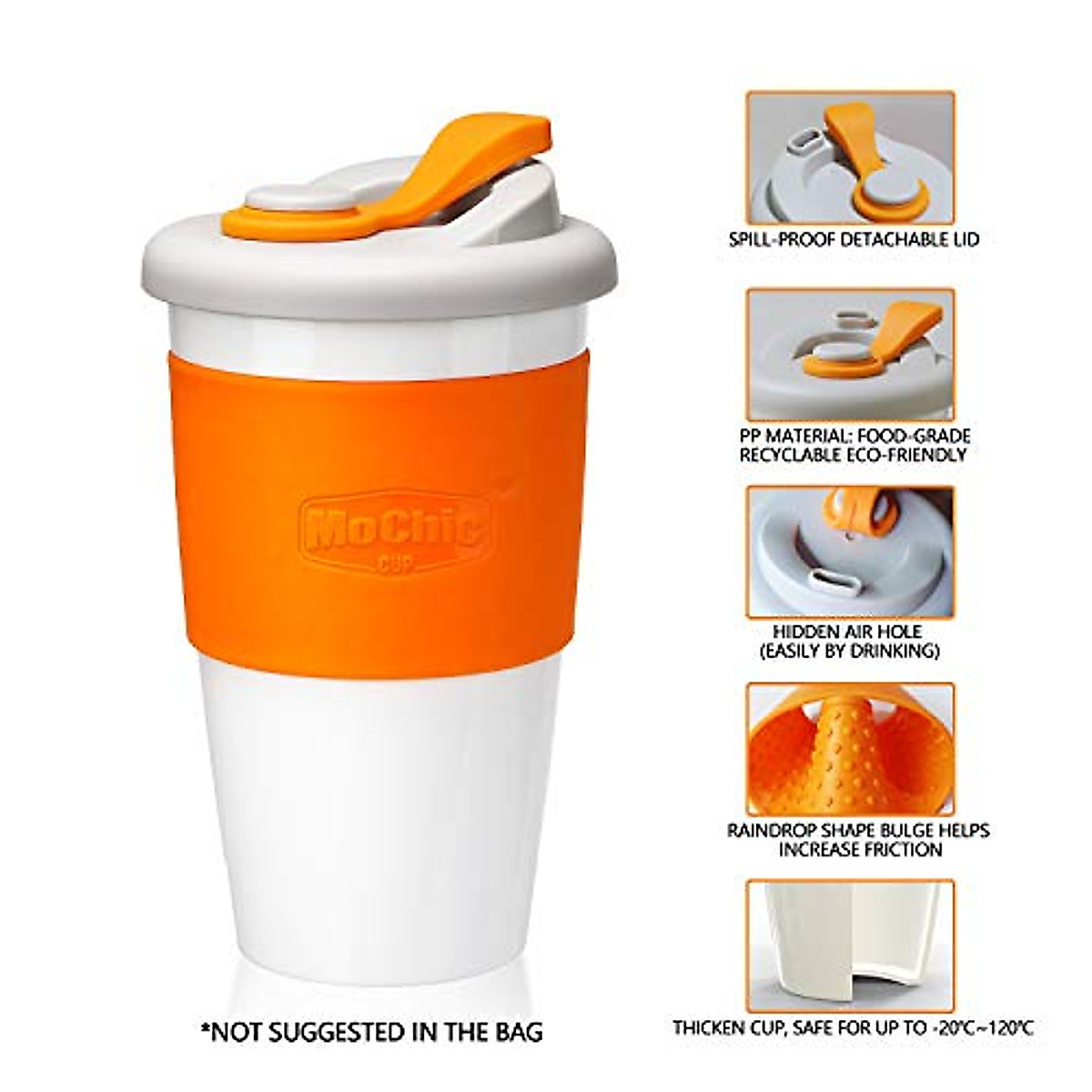 MOCHIC CUP Reusable Coffee Cup with Lid Portable Travel Mug with Non-Slip Sleeve BPA Free Dishwasher and Microwave Safe Friendly Coffee Mug (Orange,16oz)