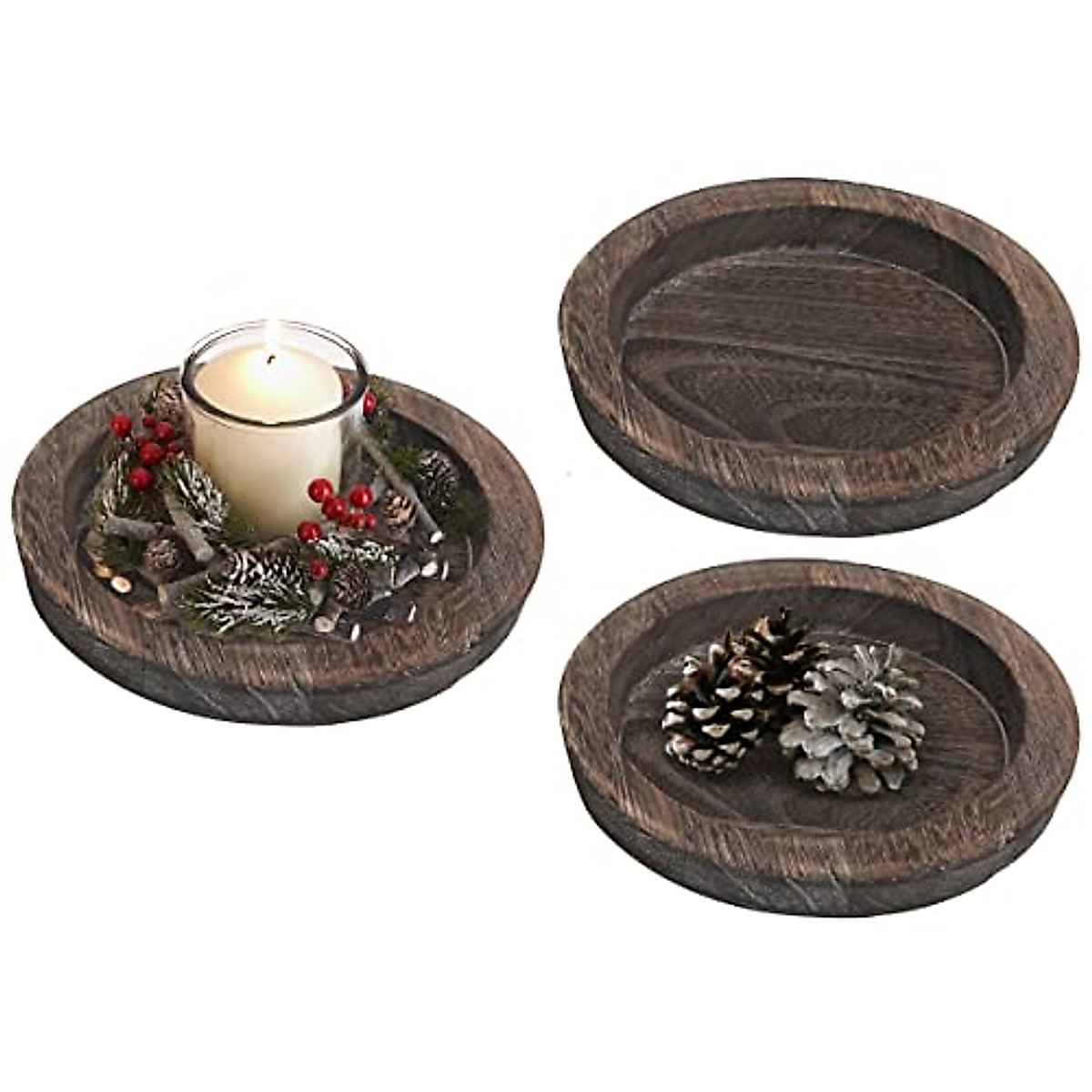 Vixdonos Rustic Wooden Tray Farmhouse Decorative Plate Round Pillar Candle Holder Tray for Table Centerpiece