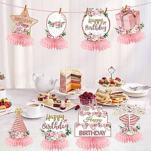 Aodocuto Pink Rose Gold Birthday Decorations Floral Honeycomb Centerpieces for Women Girls, 8pcs Floral Birthday Table Centerpieces Party Supplies, 16th 18th 21th 30th 40th 50th 60th Bday Table Topper