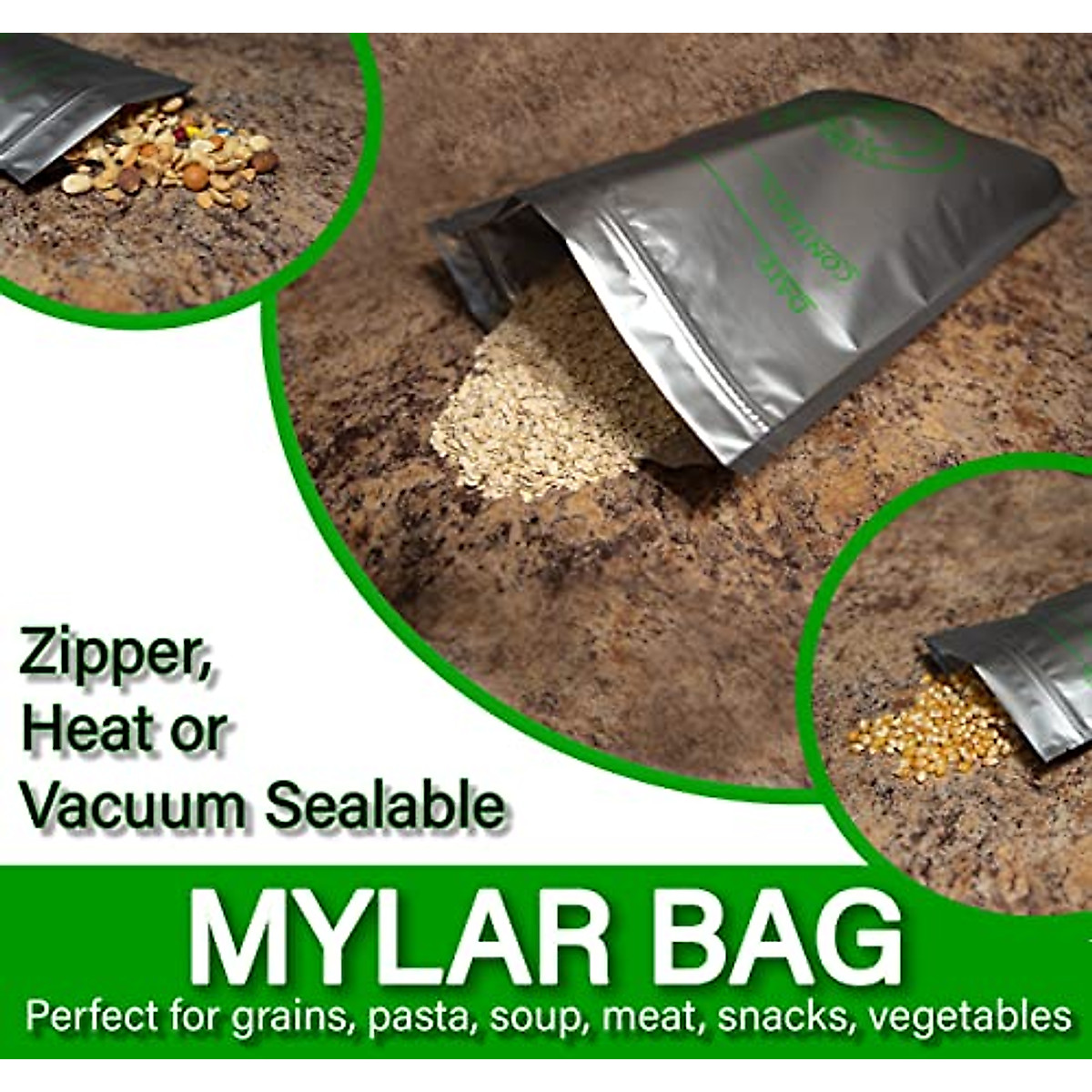 25 PCS , Quart , (4 cups) , Mylar Bags With Oxygen Absorbers , (200cc) , 6"x9" , Extra Thick , 9.4MIL , Mylar Bags for Food Storage , Long Term Food Storage , Resealable Zipper Bag , Ziplock Bag Organizer , Large , Vacuum Sealable for Dry or Freeze Food